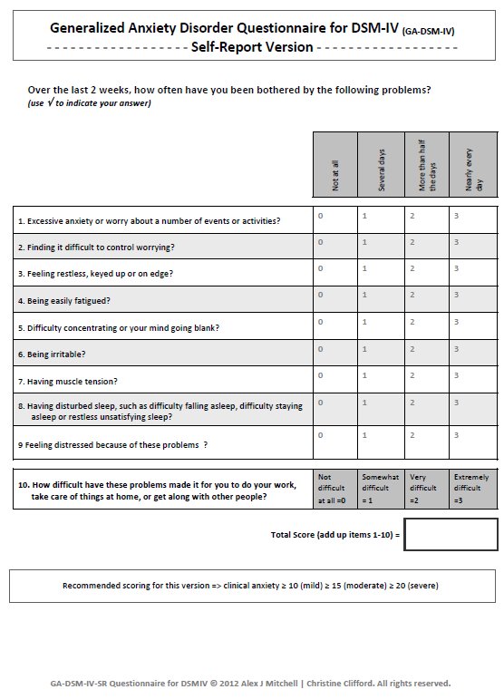 Free Generalized Anxiety Disorder Questionnaire For DSM IV
